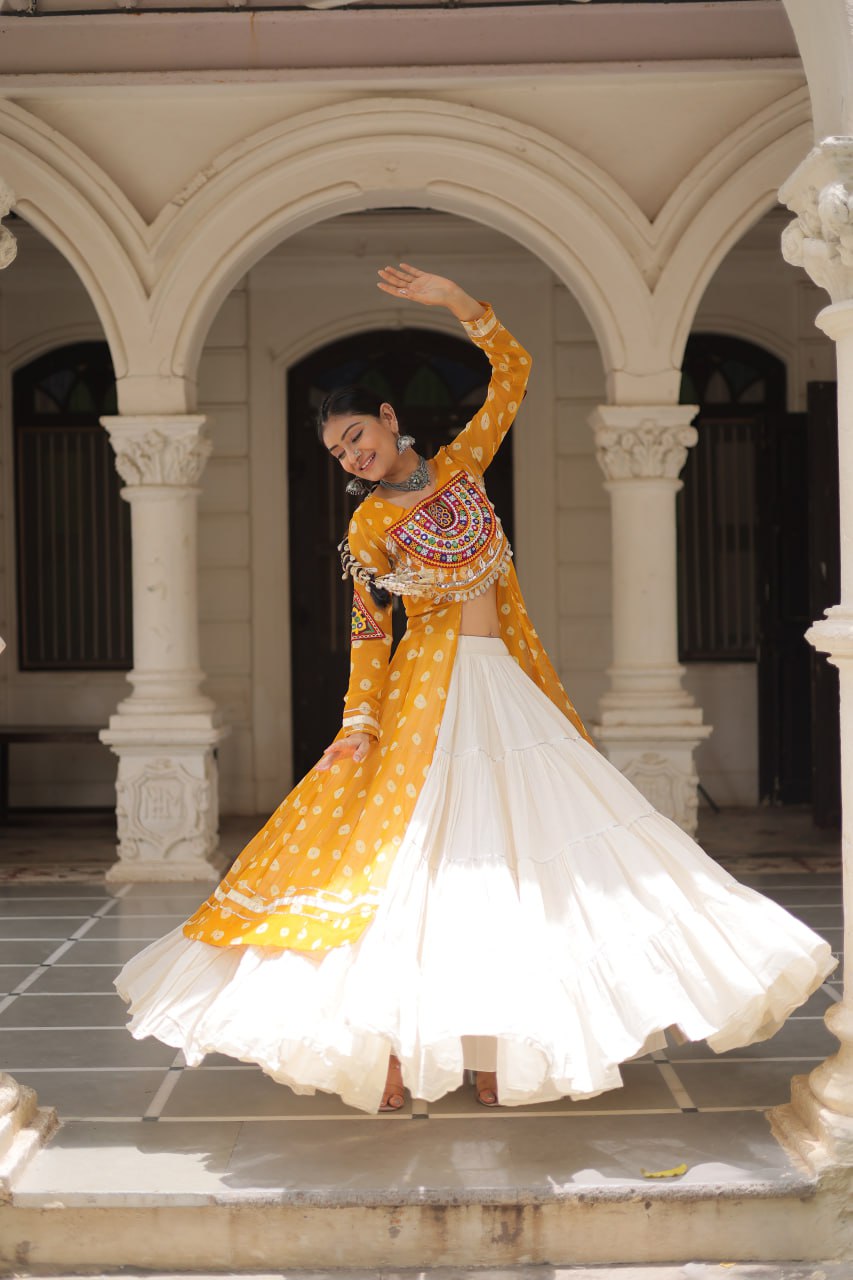 Yellow Color Bandhani Print with kutchi patchework Navratri Collection ...